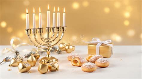 Elegant Hanukkah Celebration With Menorah Dreidels And Festive Decor