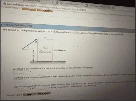 Calculating Force To Tip Over A Cabinet Static Equilibrium • Physics
