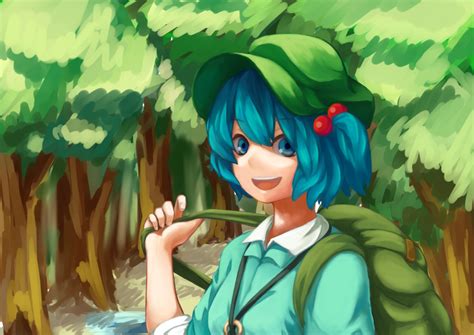Safebooru 1girl Backpack Bag Blue Eyes Blue Hair Bust Forest Hair