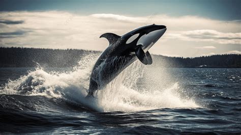 Orca S Leaping High Out Of The Water On Cloudy Day Background Big Jump