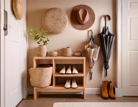 A Cozy Entryway With A Wooden Shoe Rack Clay Umbrella Holder And