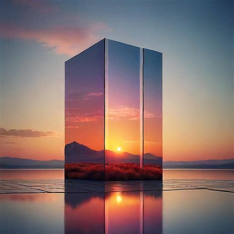 Glass Mirror Square Monolith Landscape Sunset Ai Generated Premium Ai