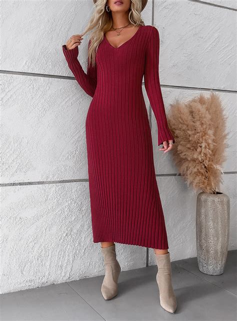 Womens Elegant Solid Color V Neck Long Sleeve Sweater Dress