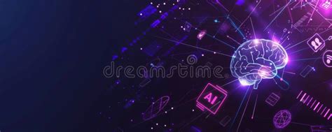 Artificial Intelligence Brain Surrounded By Purple Lights And Digital Data Symbols Stock Image
