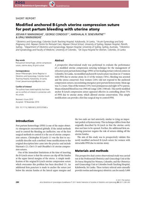 Modified Anchored Blynch Uterine Compression Suture For Post Partum Bleeding With Uterine Atony
