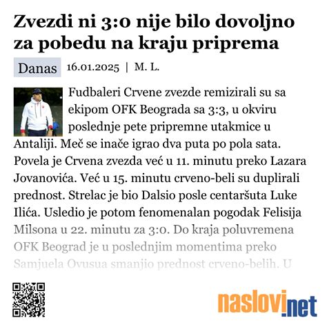 Zvezdi Ni 30 Nije Bilo Dovoljno Za Pobedu Na Kraju Priprema