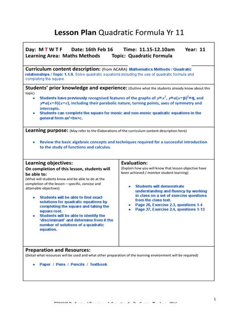 Lesson Plan Quadratic Formula Pdf Quadratic Equation Lesson Plan