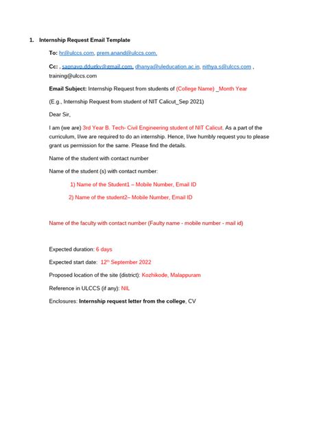 Internship Request Email Template Pdf