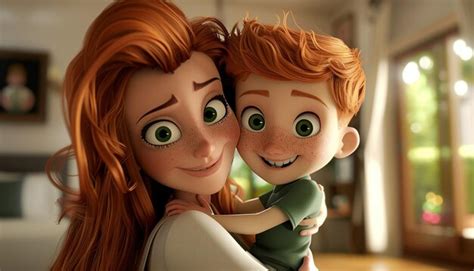 Premium Photo 3d Cartoonized Mom Holding Young Son With Red Hair