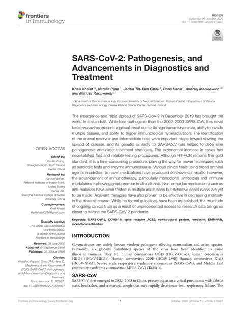Pdf Sars Cov 2 Pathogenesis And Advancements In Diagnostics And Treatment