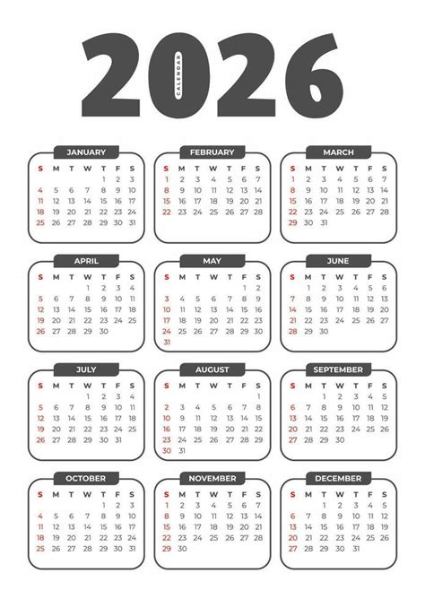 2026 Basic Calendar In White Background 33950296 Vector Art At Vecteezy