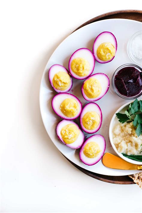 Vegetarian Passover Seder Plate With Beet Pickled Deviled Eggs Kale