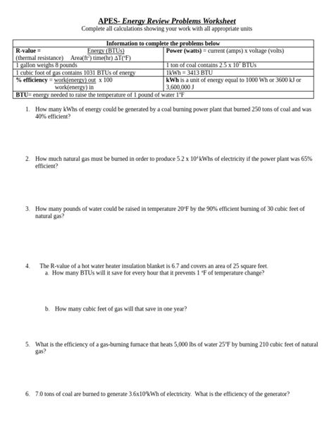 Apes Energy Worksheet Pdf British Thermal Unit Incandescent