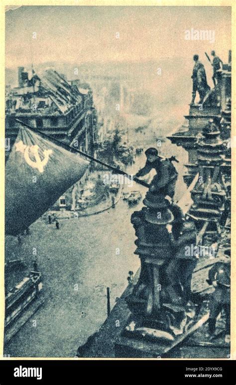 Berlin Germany May 2 1945 Raising A Flag Over The Reichstag A