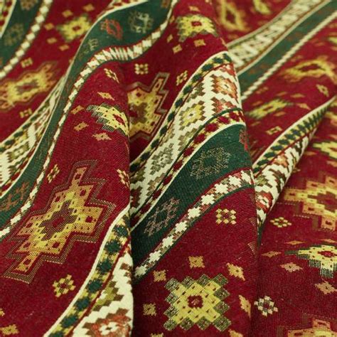 Persia Aztec Red Burgundy Green Chenille Upholstery Fabric Traditional