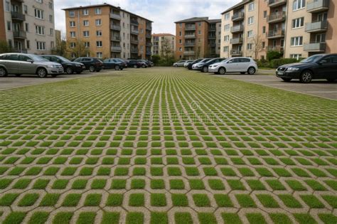 Parking Lot With Eco Friendly Grass Grid Pavement Combining