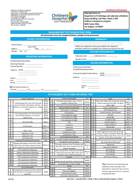 Fillable Online Immunology Test Requisition Form Institution Fax