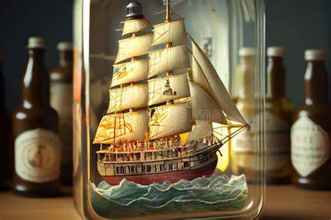 Ship Model In Bottle Surrounded By Collection Of Other Ship Models And