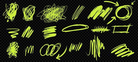 Set Of Acid Green Scribble Lines And Strokes Includes Arrows Swirls And Squiggly Shapes Drawn