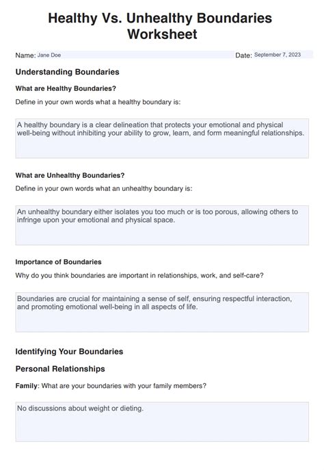 Healthy Vs Unhealthy Boundaries Worksheet And Example Free Pdf