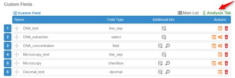 Custom Fields Tab Analysis Option Labcollector