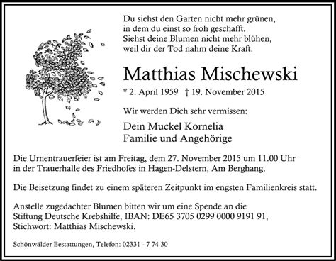 Traueranzeigen Von Matthias Mischewski Trauer In Nrw De
