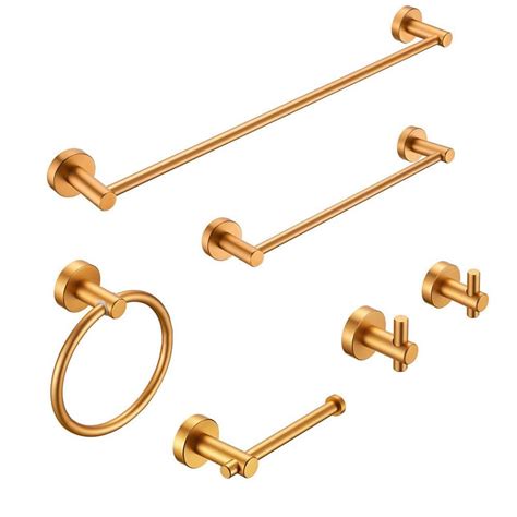 6 Piece Brushed Gold Bath Hardware Set Aluminium Wall Mounted Bathroom