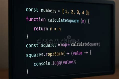 Javascript Code Displaying Array Manipulation And Square Calculation Functions Stock Image