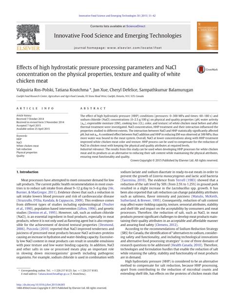 Pdf Effects Of High Hydrostatic Pressure Processing Parameters And