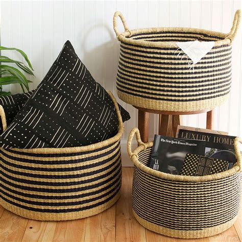 Set Of Stripe Woven Grass Baskets Floor Baskets Woven Grass African
