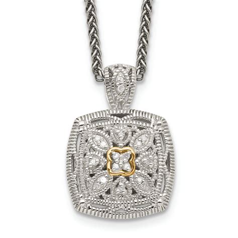 Sterling Silver Antiqued With 14k Accent Diamond Necklace 15cv6a
