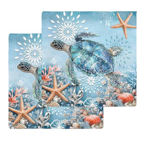 Blue Coastal Sea Turtle Dish Towels Set Waffle Weave Kitchen Towels 2