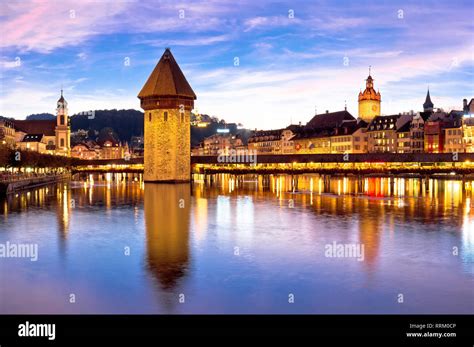 Luzern Kapelbrucke And Riverfront Architecture Famous Swiss Landmarks