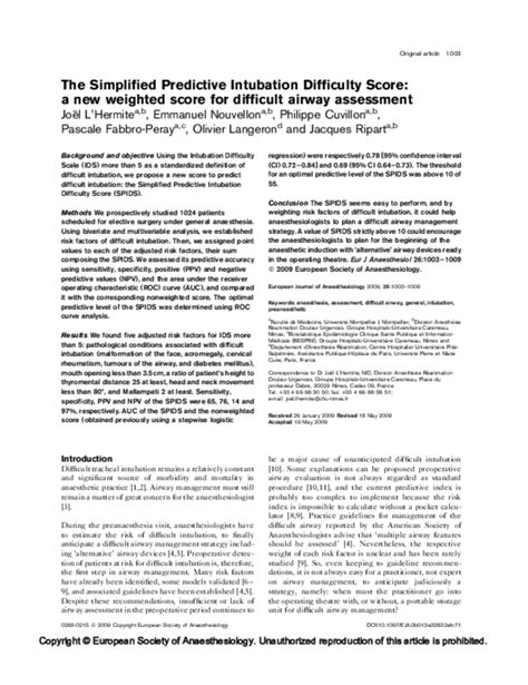 Pdf The Simplified Predictive Intubation Difficulty Score A New Weighted Score For Difficult