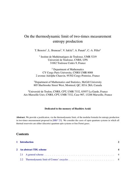 Pdf On The Thermodynamic Limit Of Two Times Measurement Entropy