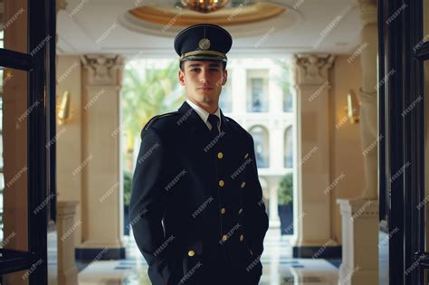 Young Hotel Doorman In Elegant Uniform Standing Confidently In A