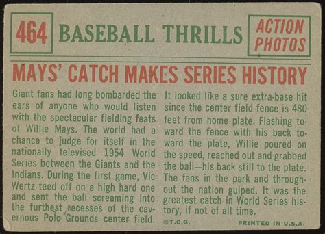 Willie Mays 1960 Topps Baseball Thrills Catch Makes Series History Card