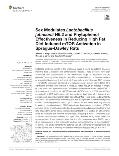 Pdf Sex Modulates Lactobacillus Johnsonii N62 And Phytophenol Effectiveness In Reducing High