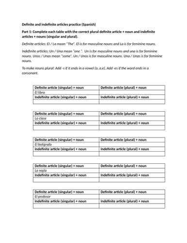 Definite And Indefinite Articles Practice Spanish Teaching Resources