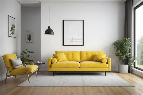 Rendering Of A Modern Yellow Sofa In A Fresh Living Room Premium Ai