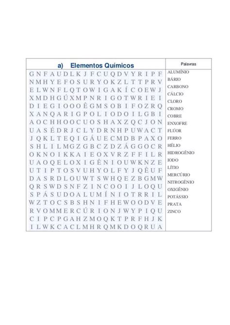 Caça Palavras Elementos Químicos Fdplearn
