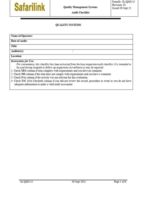Sl Qms 15 Quality Management Systems Audit Checklist Pdf Audit Quality Management System