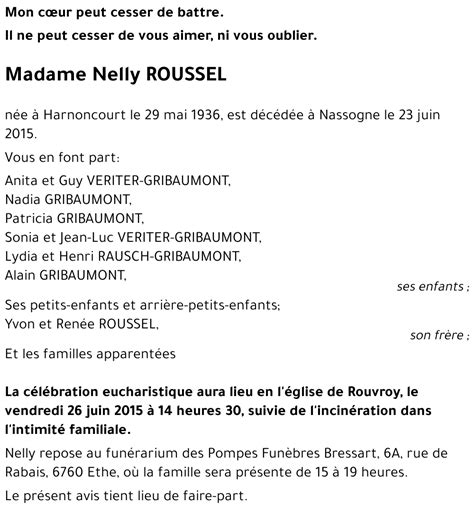 Avis De Décès De Nelly Roussel Décédé Le 23062015 à Nassogne