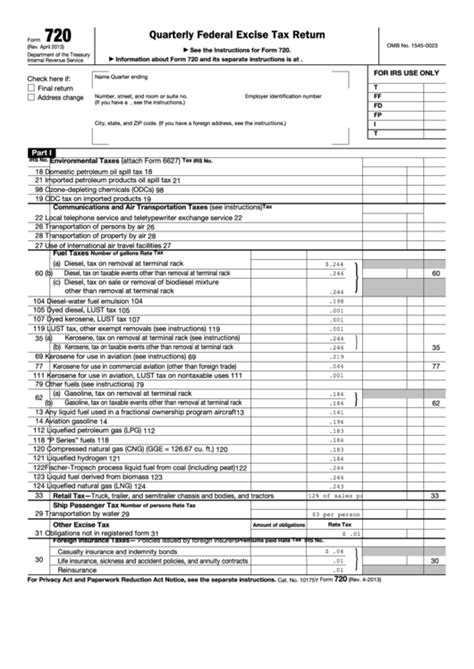Fillable Form 720 Quarterly Federal Excise Tax Return Printable Pdf Download