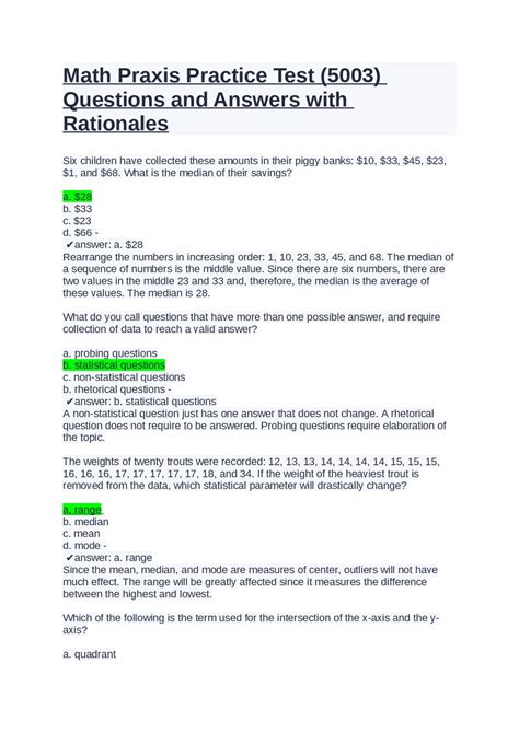 Math Praxis Practice Test 5003 Questions And Answers With Rationales