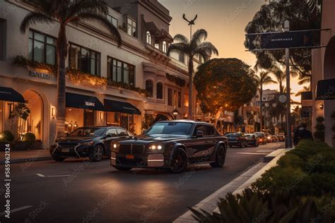 Beverly Hills On Sunset Car Traffic On Street In City Of California