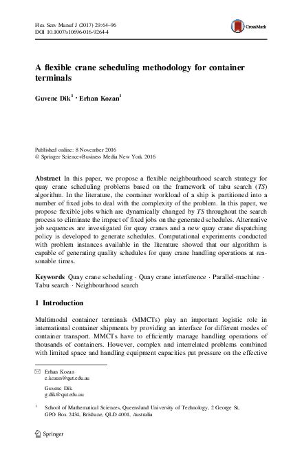Pdf A Flexible Crane Scheduling Methodology For Container Terminals