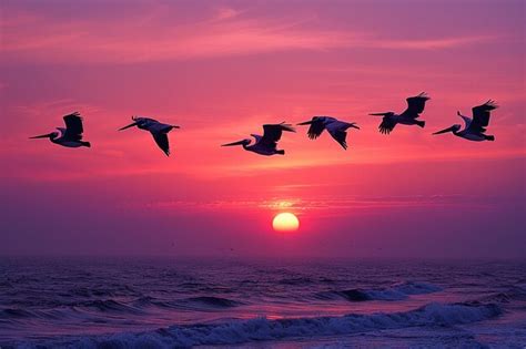 Premium Photo A Flock Of Birds Flying In The Sky With The Sun Setting