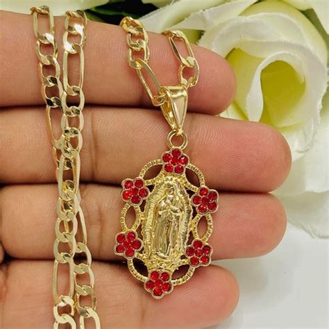 14k Gold Plated Marie Pendant Virgen Guadalupe Necklace Flowers Red Cz