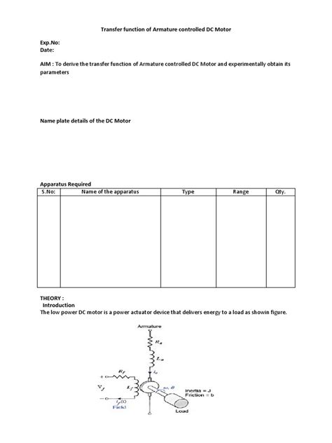 Transfer Function Of Armature Controlled Dc Motor New Pdf Electric